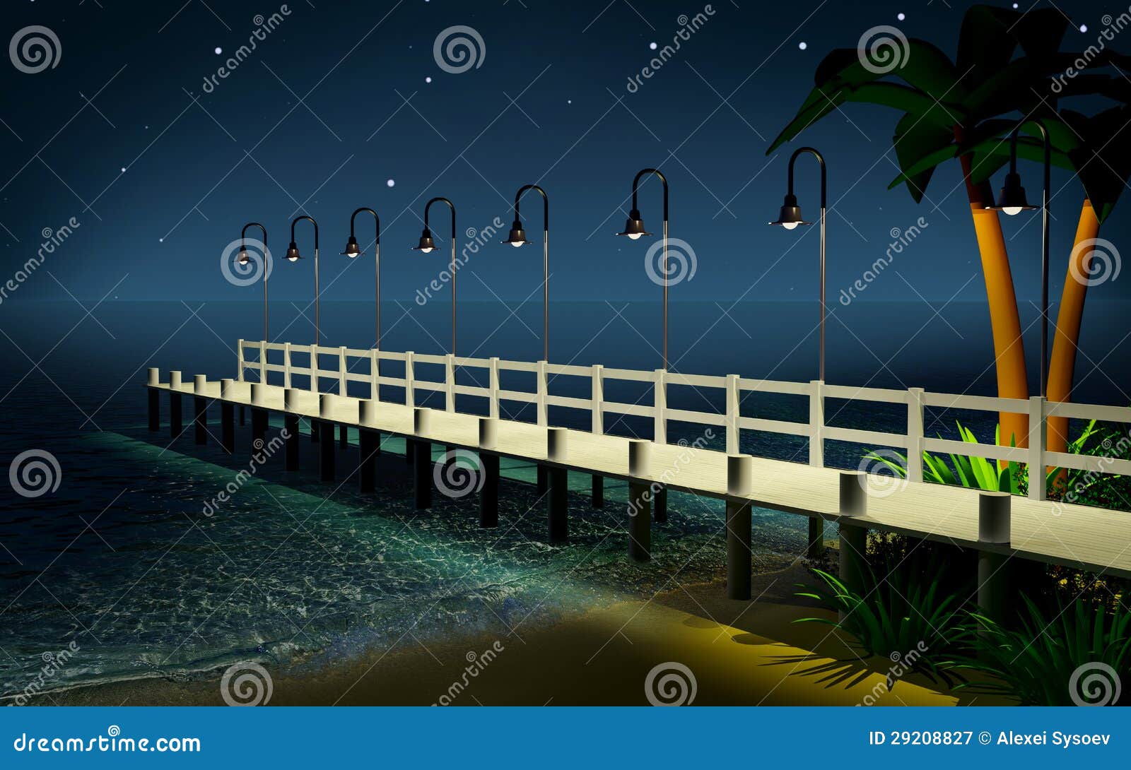 Tropical pier at night stock illustration. Illustration of paradise ...