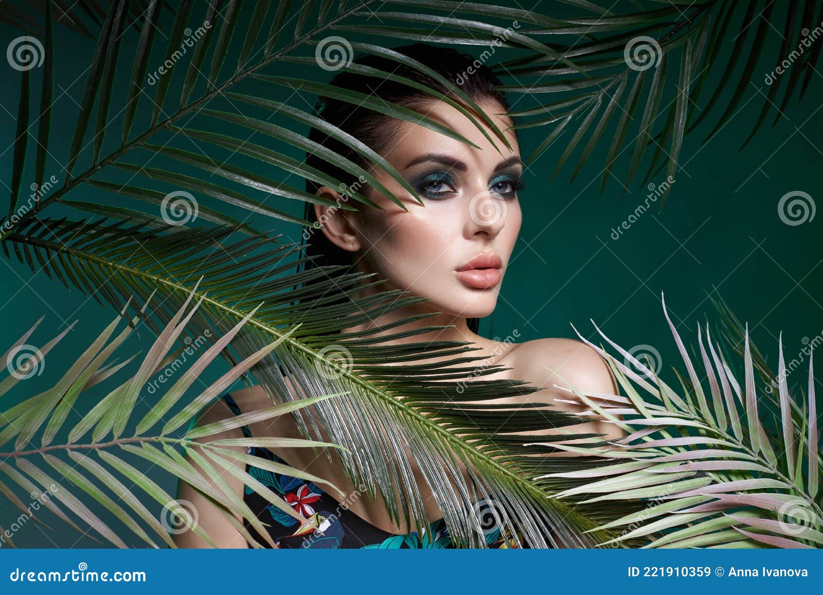 Tropical Portrait Sexy Woman In Leaves Palm Tree Bright Green Makeup