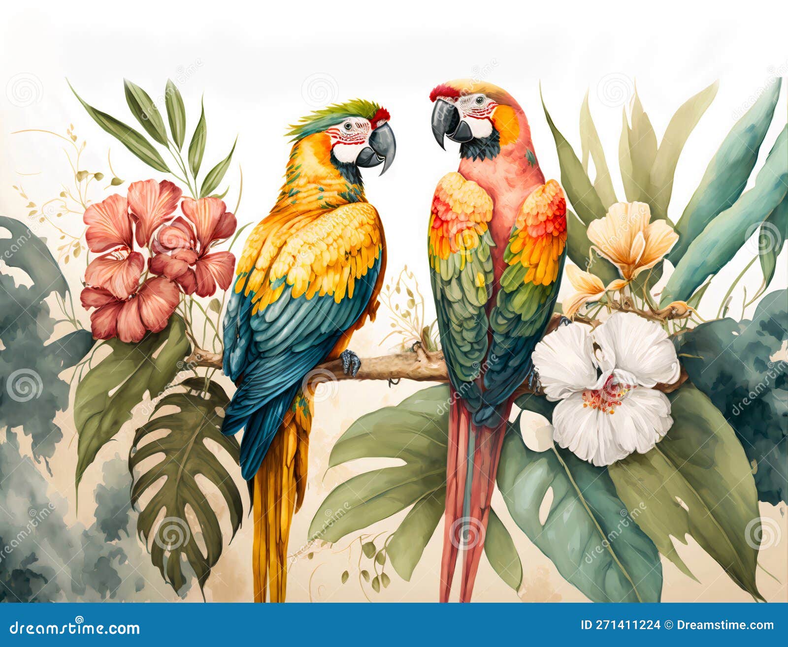 Tropical Rain Forest with Parrots Illustration in Watercolor Stock ...