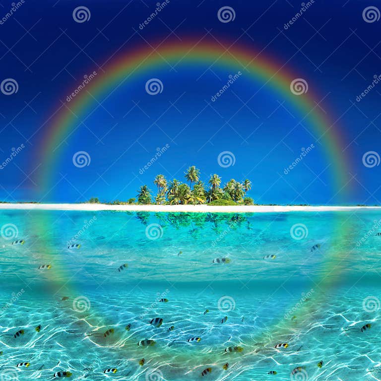 Tropical Rainbow Island stock photo. Image of bungalow - 16385552