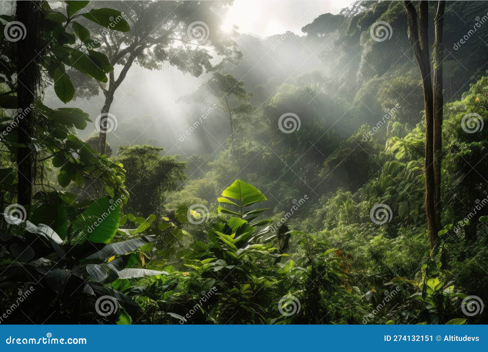 Tropical Rainforest, with Misty Clouds and Sunlight Filtering through ...