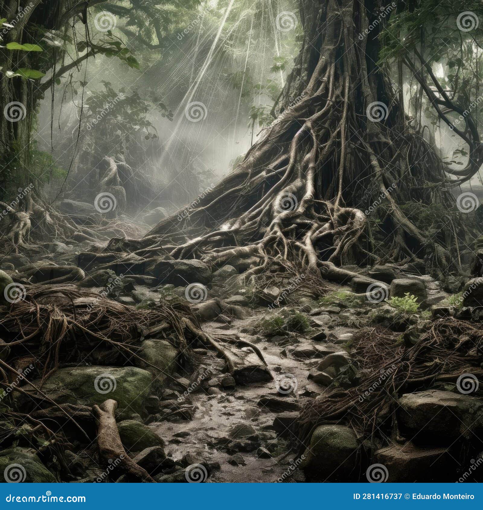 Tropical Rainforest with Tree Roots in the Jungle Stock Illustration ...