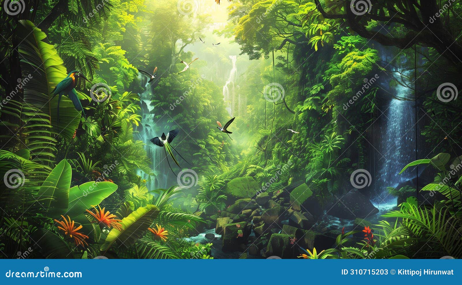 Waterfall & Soaring Birds Stock Illustration - Illustration of rocks ...