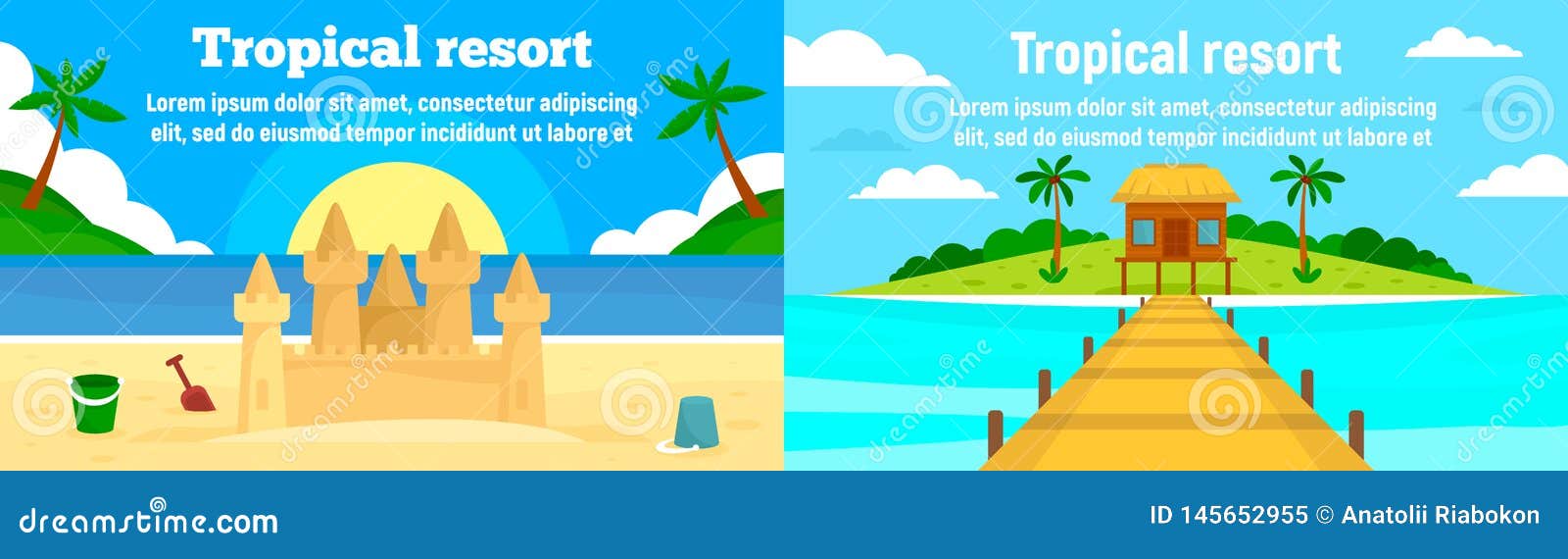 Tropical Resort Banner Set, Flat Style Stock Vector - Illustration of ...