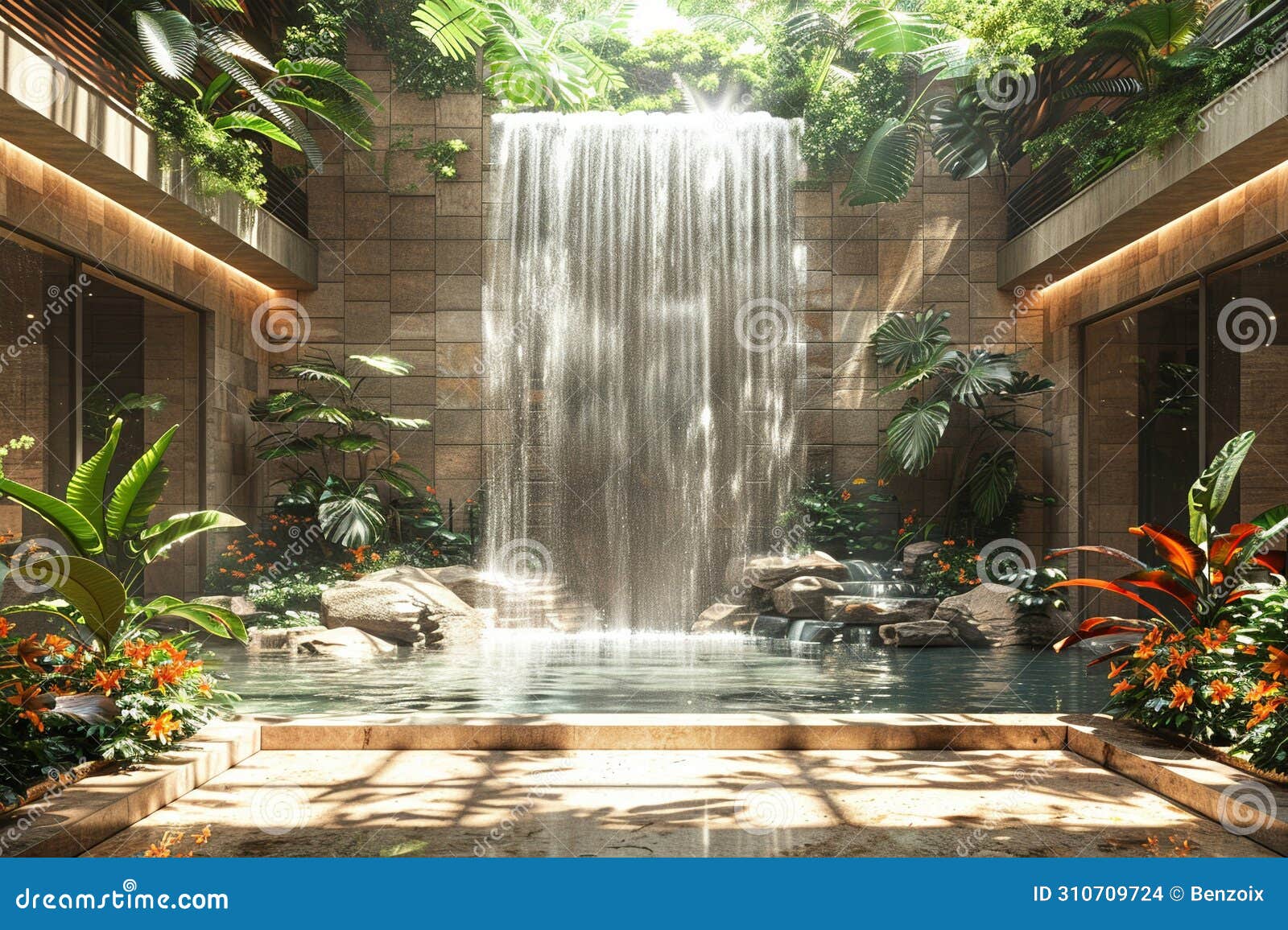 Tropical Resort Lobby with Water Features and Lush Foliage3D Render ...