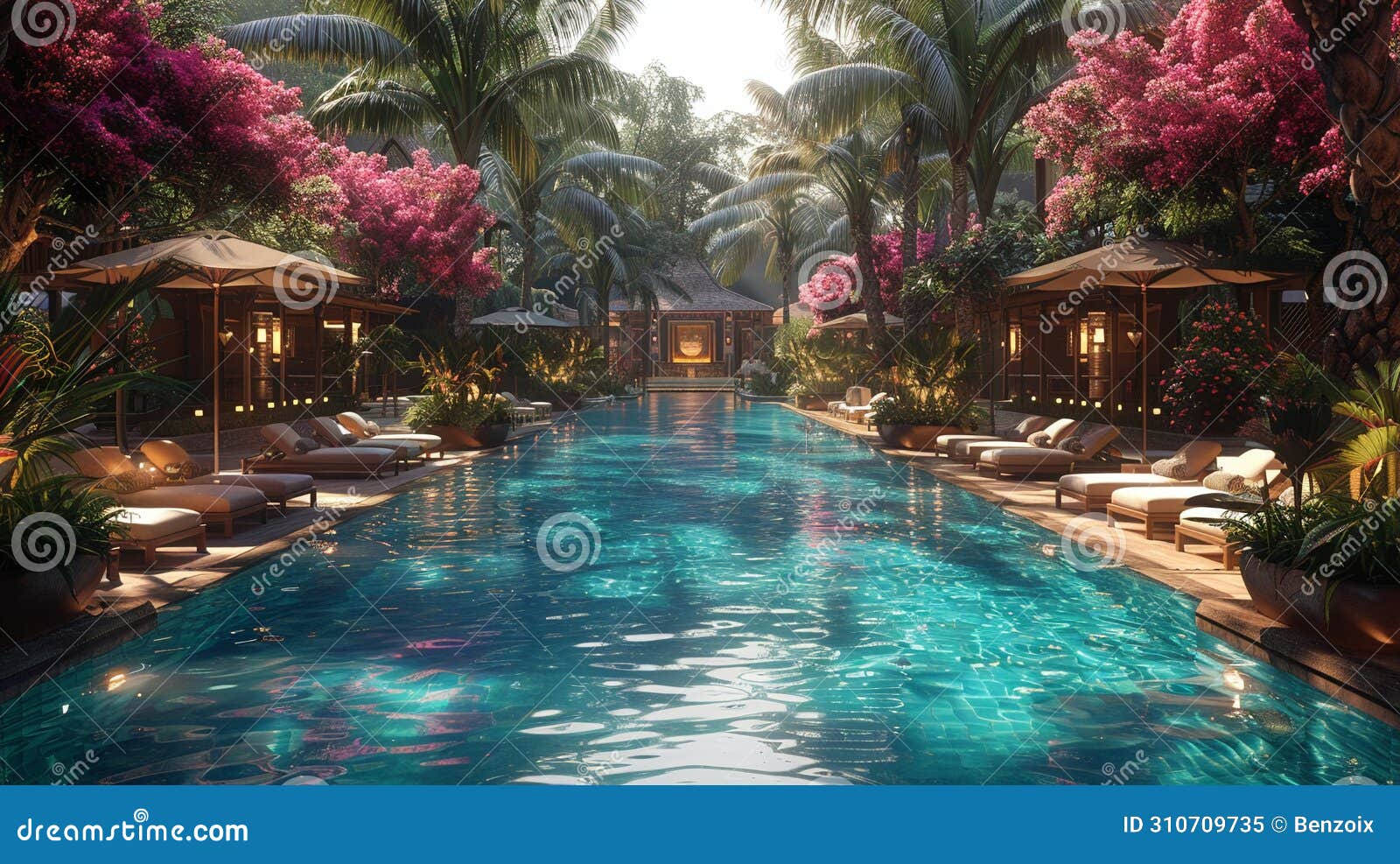 Tropical Resort Pool Area with Cabanas and a Swim-up Bar3D Render Stock ...