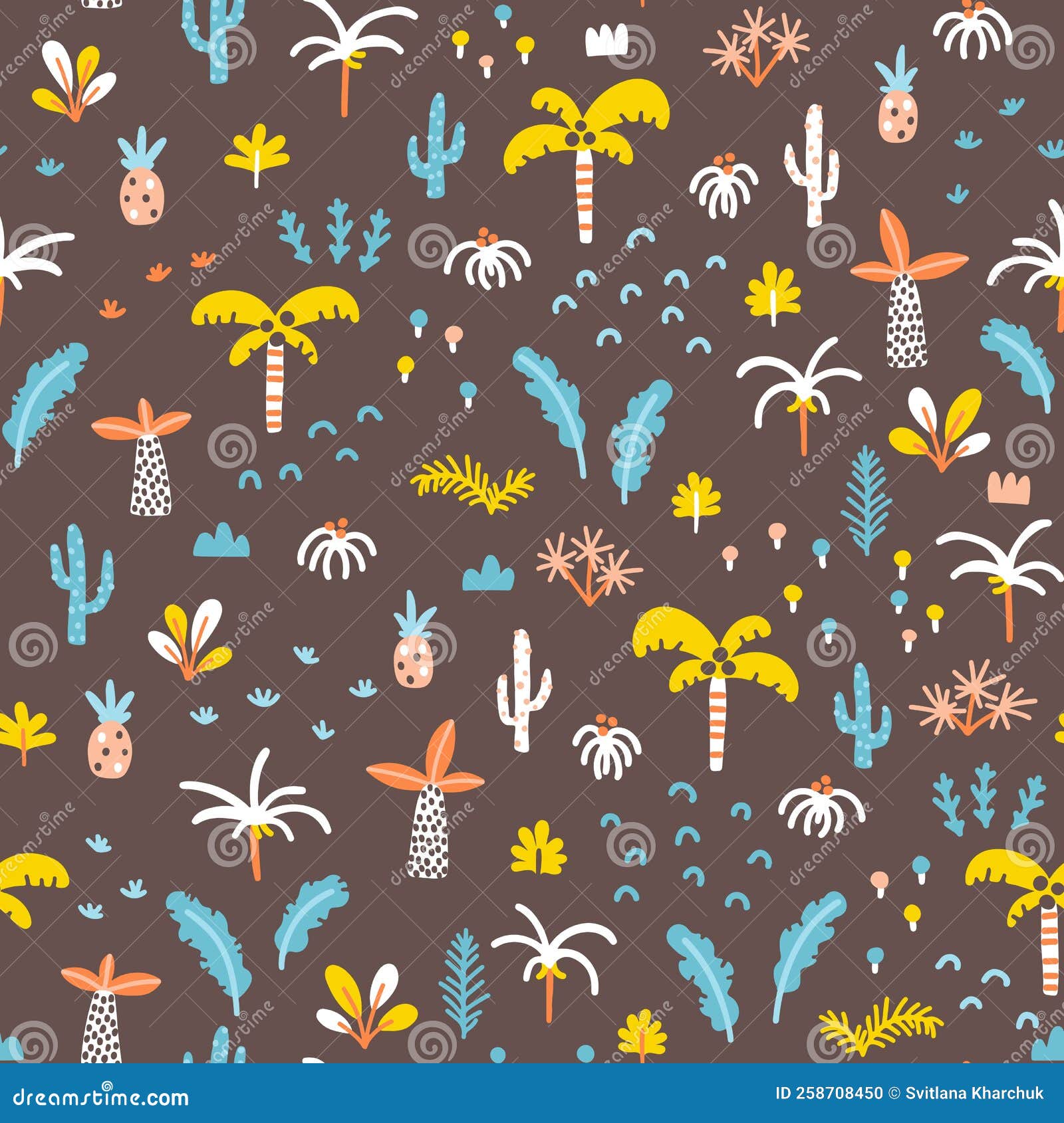 Tropical Seamless Minimalistic Pattern with Different Plants. Cute ...