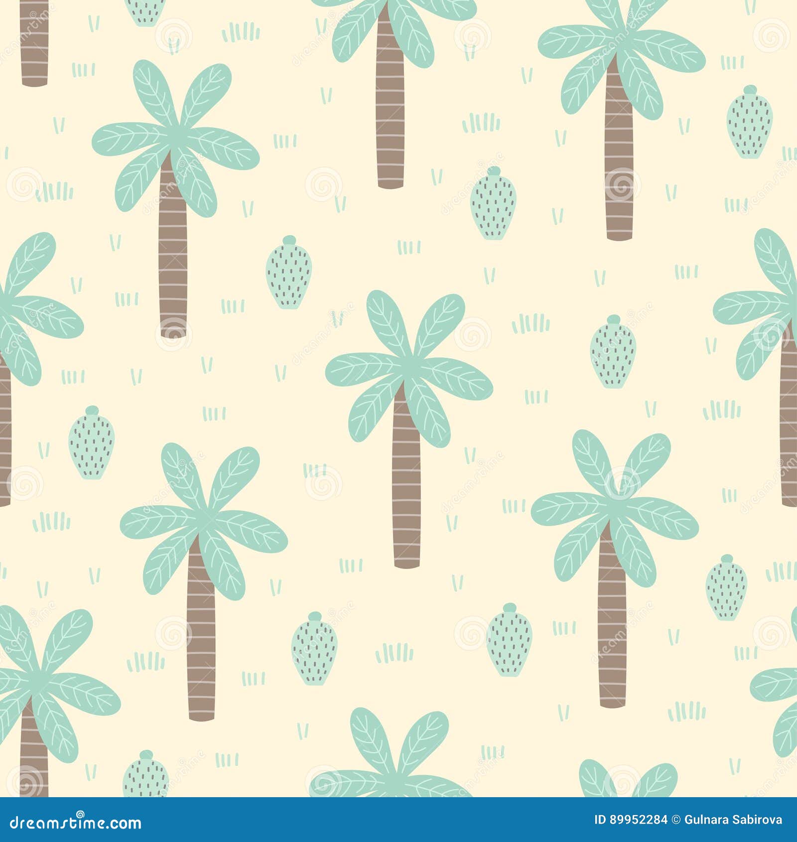 Tropical Seamless Pattern with Cartoon Palm and Cactus Stock Vector ...