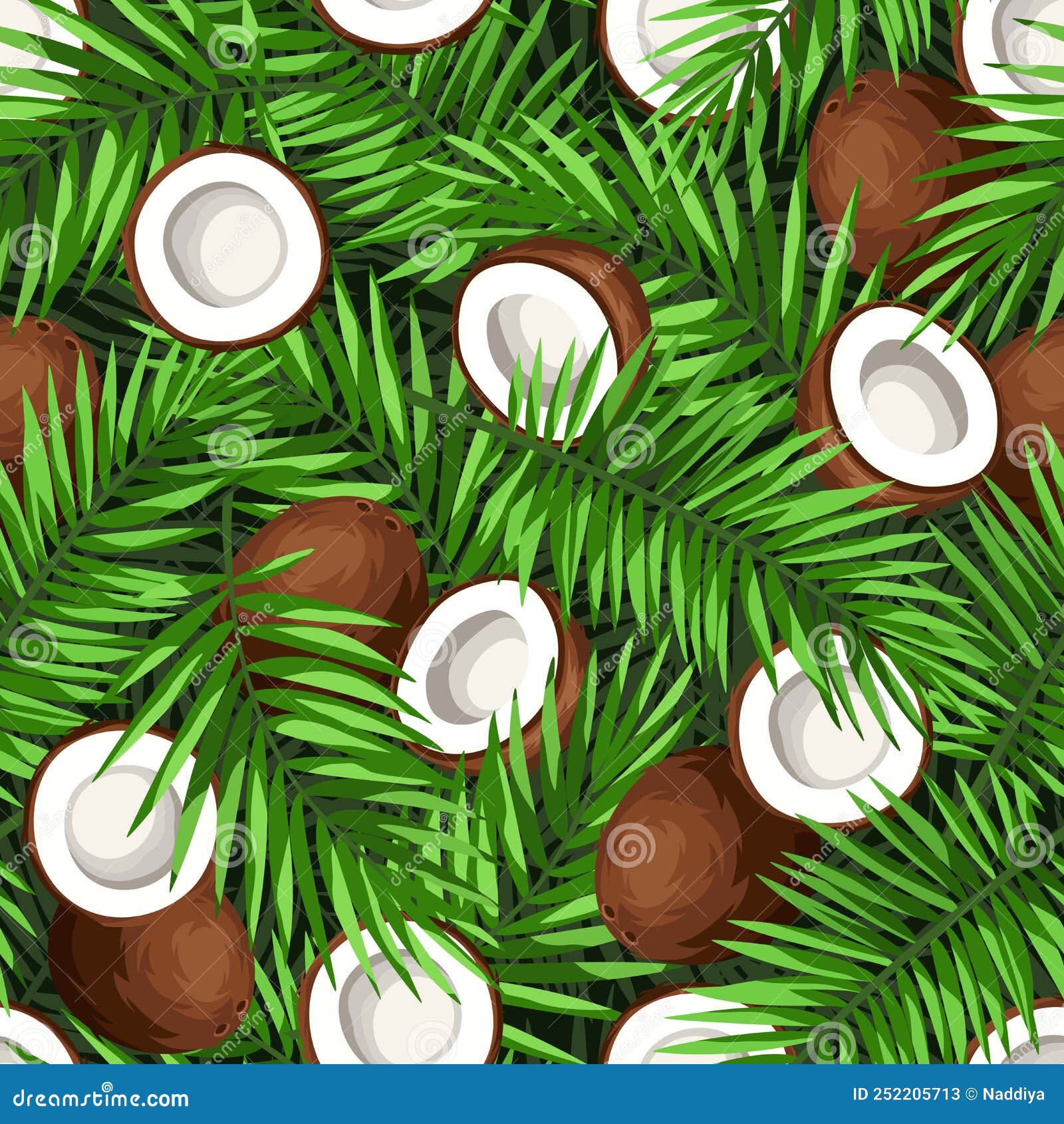 Tropical Seamless Pattern with Coconuts and Palm Leaves. Vector ...