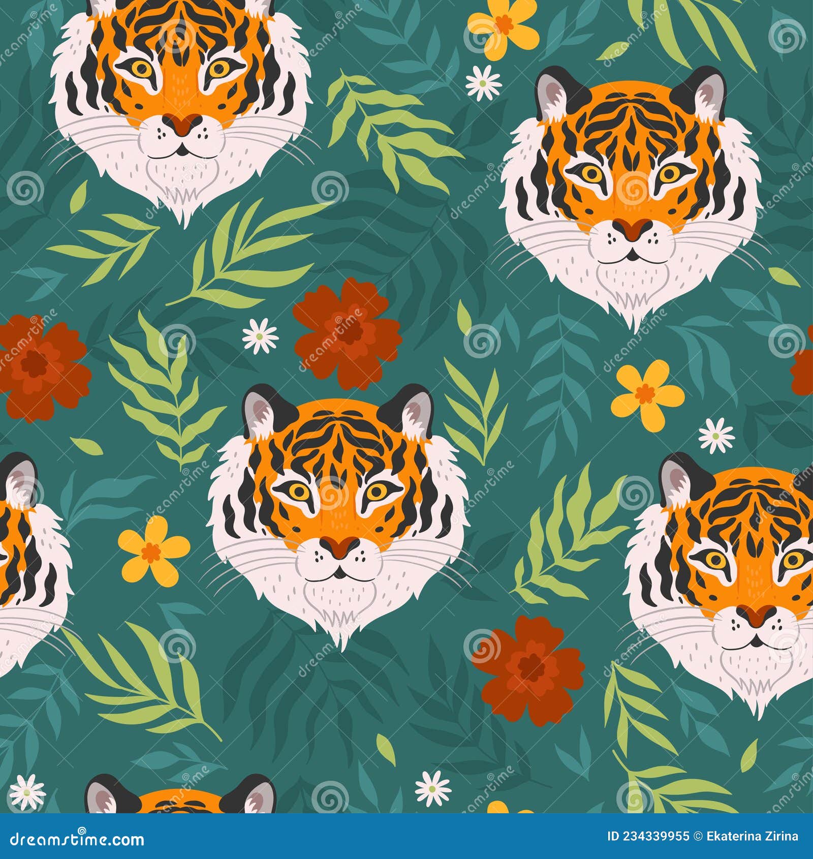 Tropical Seamless Pattern with Tigers and Leaves. Vector Graphics Stock ...