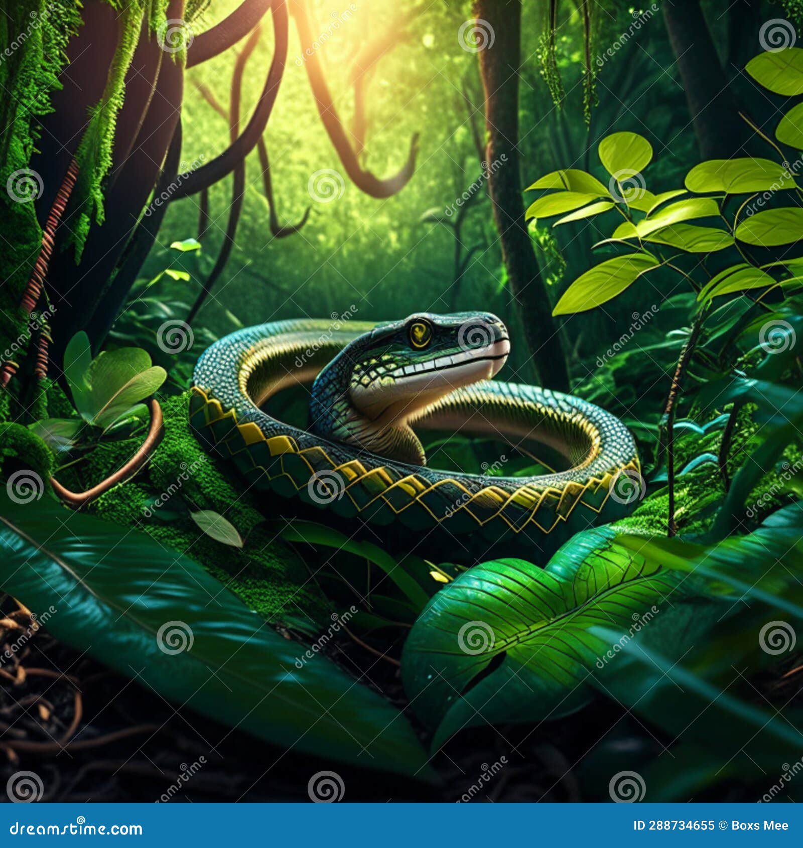 Tropical Snake in the Rain Forest. 3d Rendering Stock Illustration ...