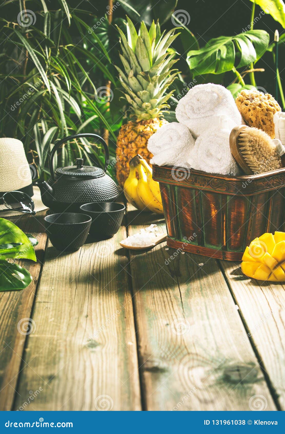 Tropical Spa Setting - Against Rustic Tropical Background Stock Photo ...