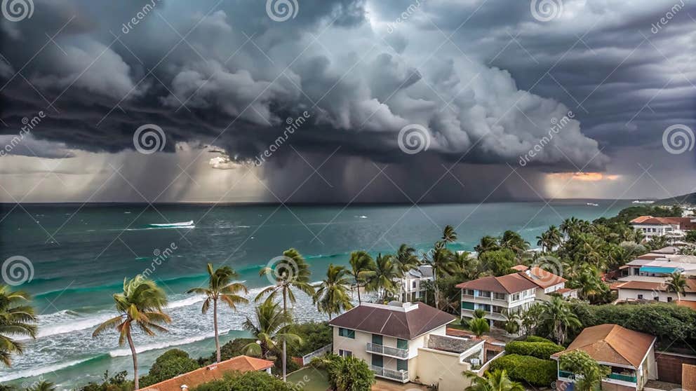 Tropical Storm Approaching a Coastal Town Stock Illustration - Illustration of atlantic ...