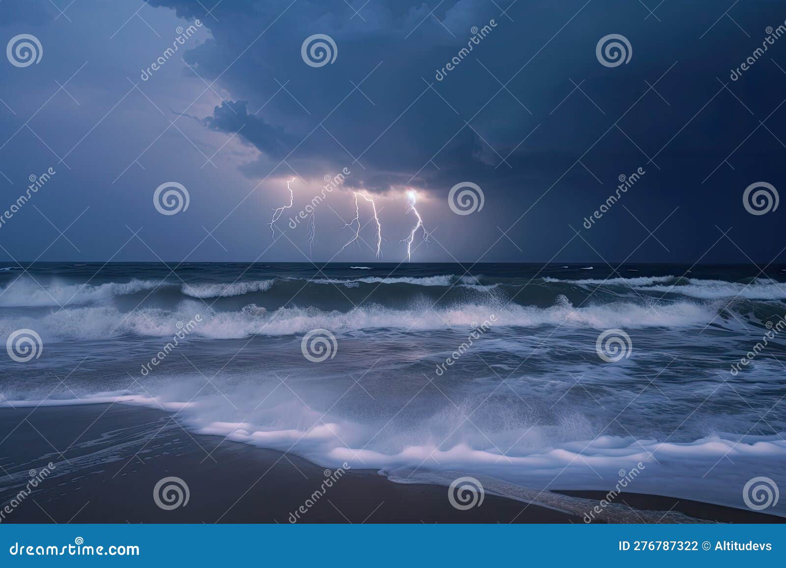Tropical Storm, with Lightning Flashes in the Sky and Waves on the ...