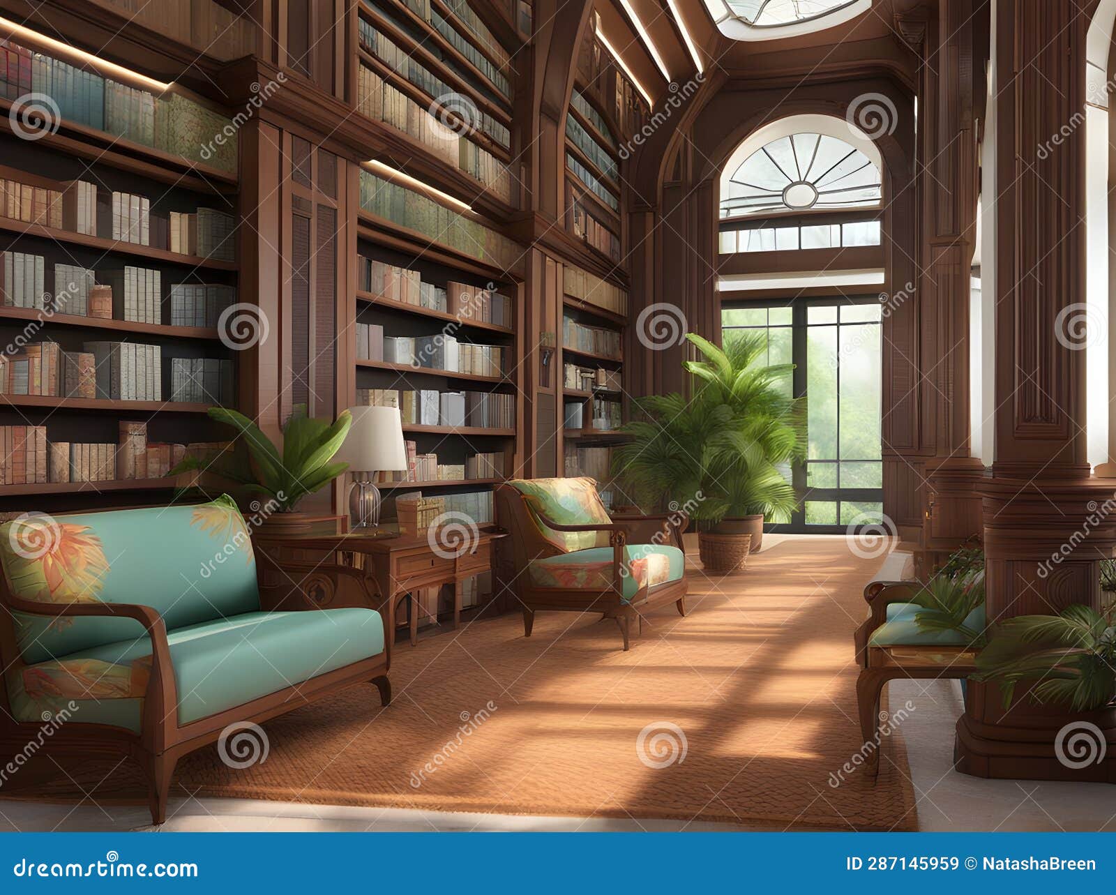 Tropical Style Library with Realistic Interior Design. Stock ...