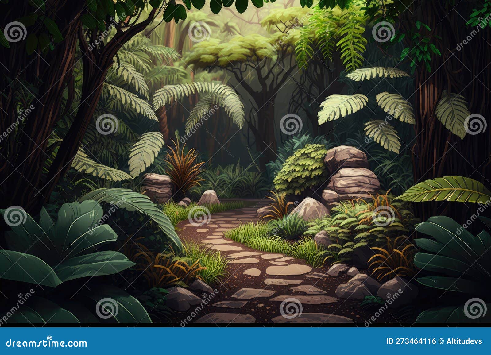 Tropical Summer Forest with Grass and Stone Path Interior Design Jungle ...