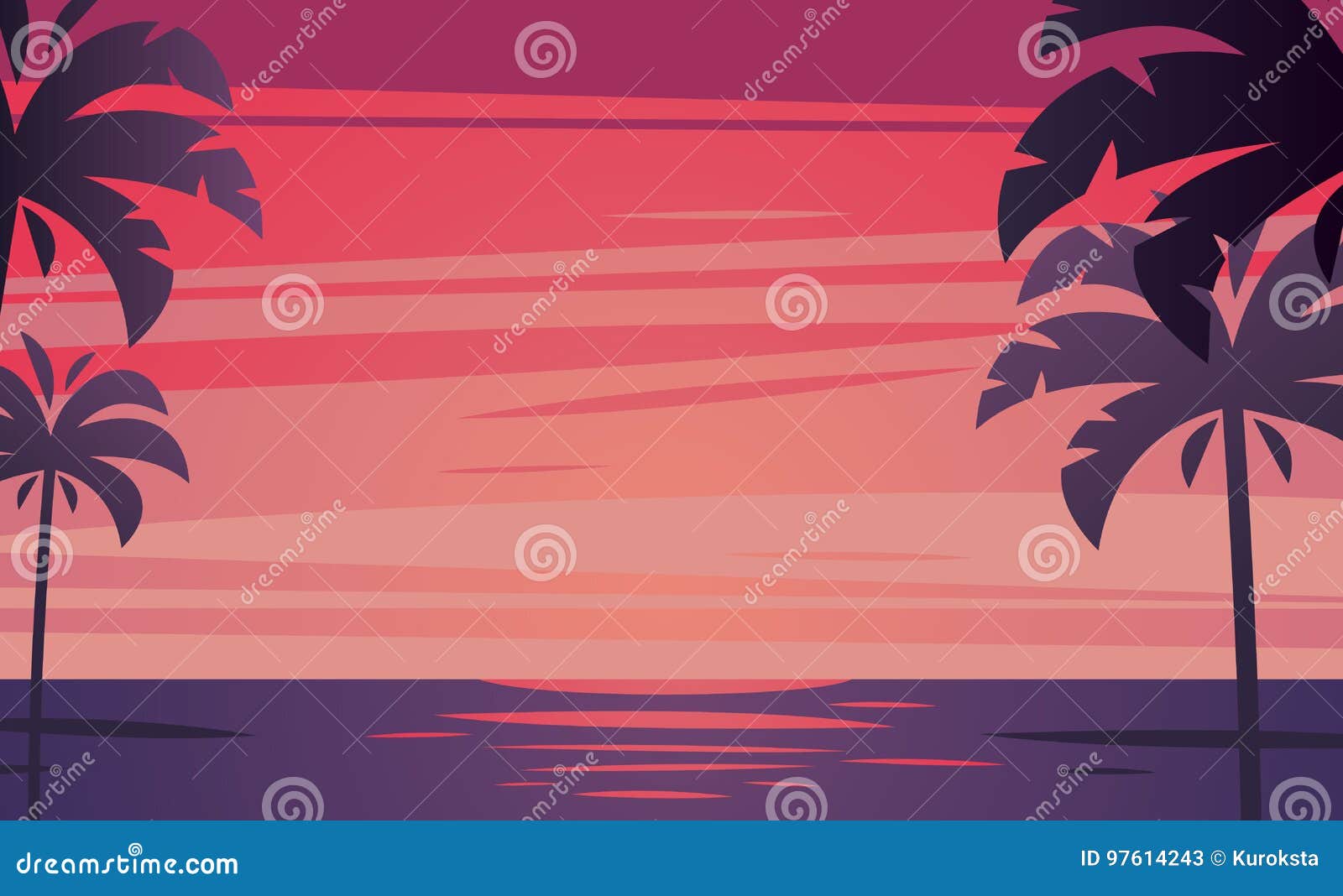 Tropical Sunrise with Pink Gradient Sun and Silhouette of Palm Trees ...