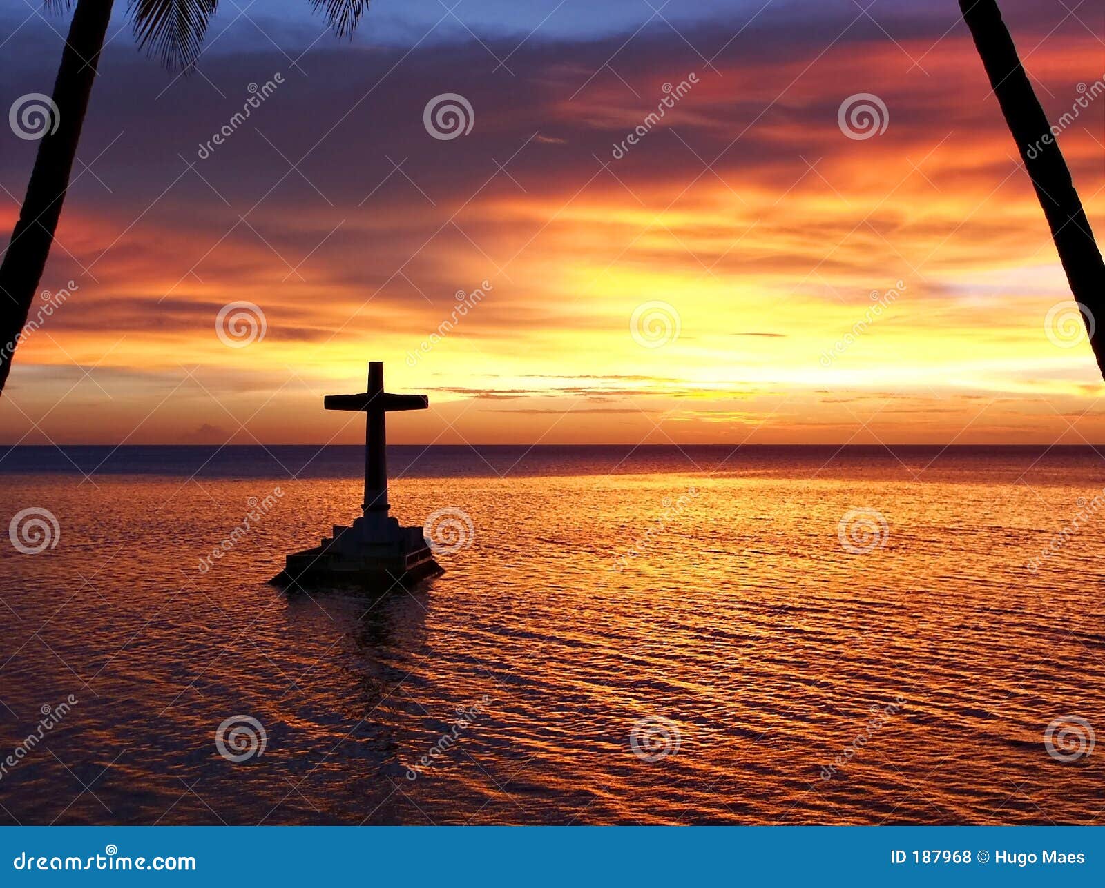 Tropical Sunset with Cross Silhouette Stock Photo - Image of memorial ...