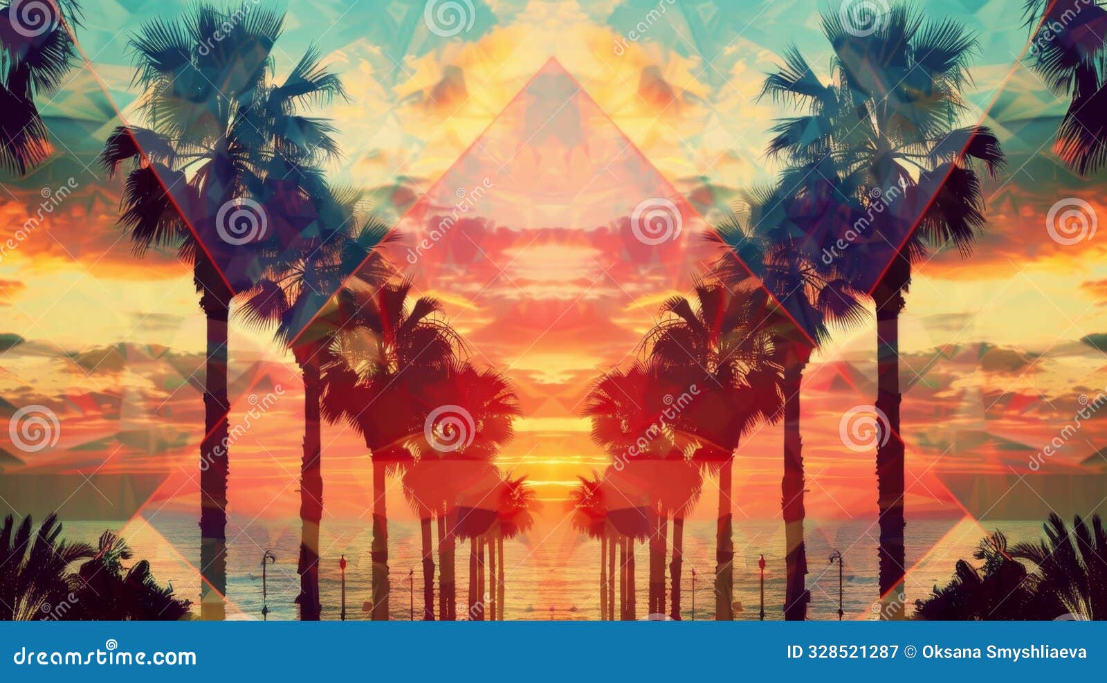 Tropical Sunset Mirage with Symmetric Palm Silhouettes Stock Image ...