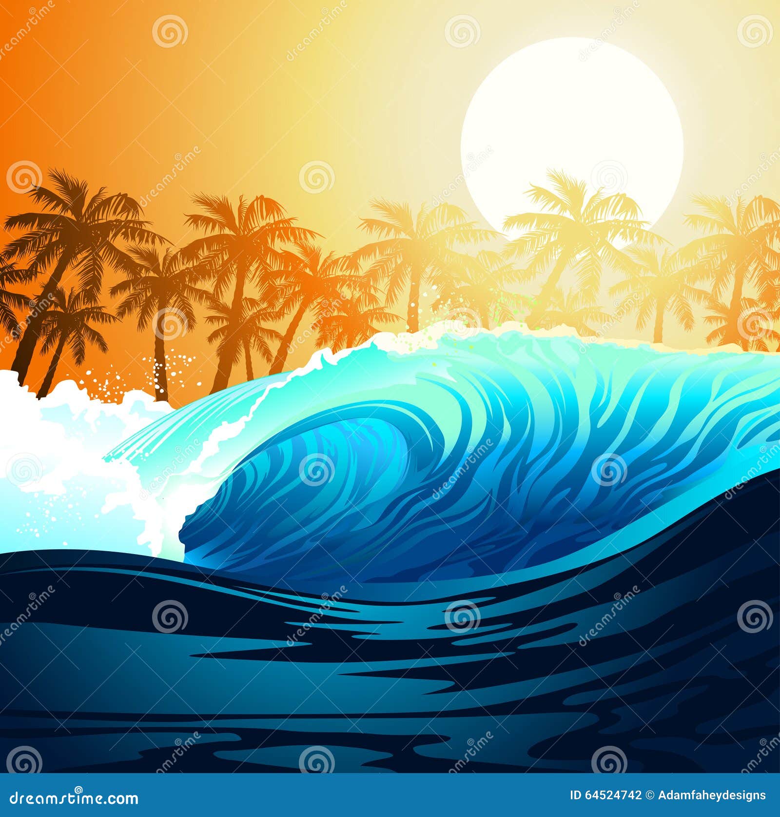 Tropical Surfing Wave at Sunrise with Palm Trees Stock Vector ...