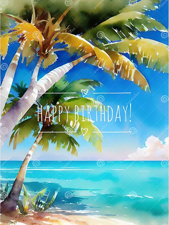Tropical Theme Watercolor Greeting Card Seashore And Palm Trees With Happy Birthday Lettering