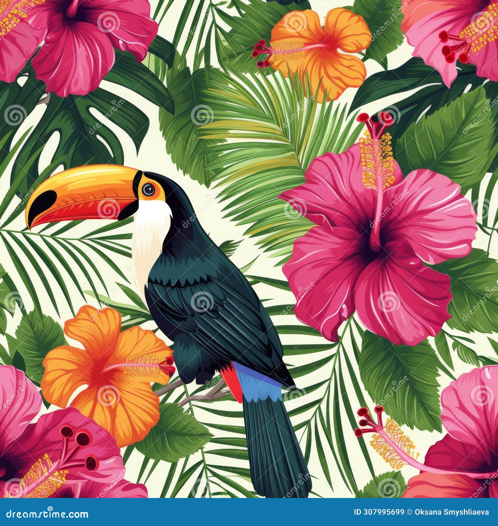 Tropical Toucan and Hibiscus Flower Seamless Pattern Illustration Stock ...