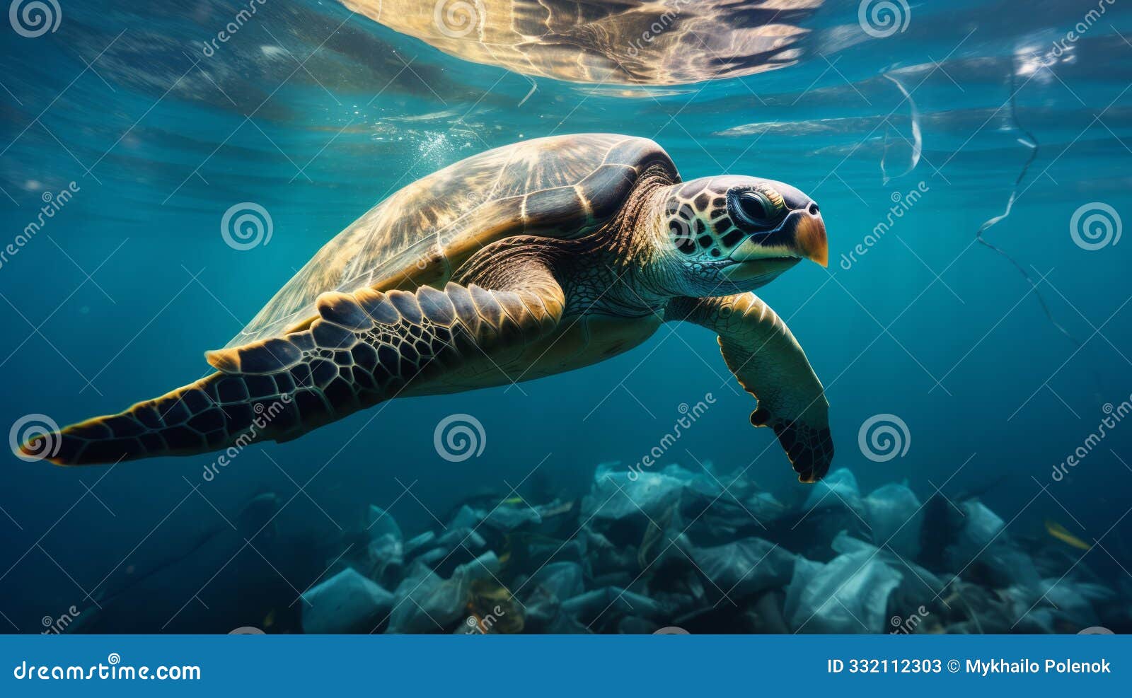 Tropical Turtle and Plastic Bag in Ocean Underwater Space. Neural ...