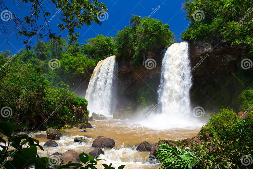 Tropical two waterfall. stock image. Image of lush, idyllic - 11977623