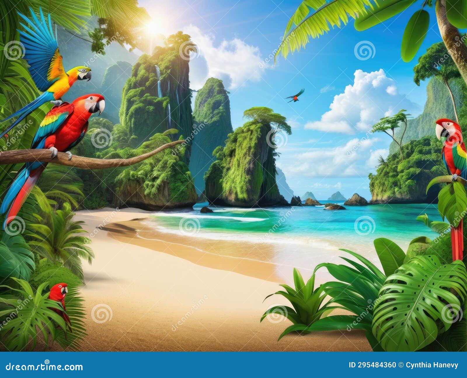 Tropical Vacation Paradise with Parrots Stock Illustration ...