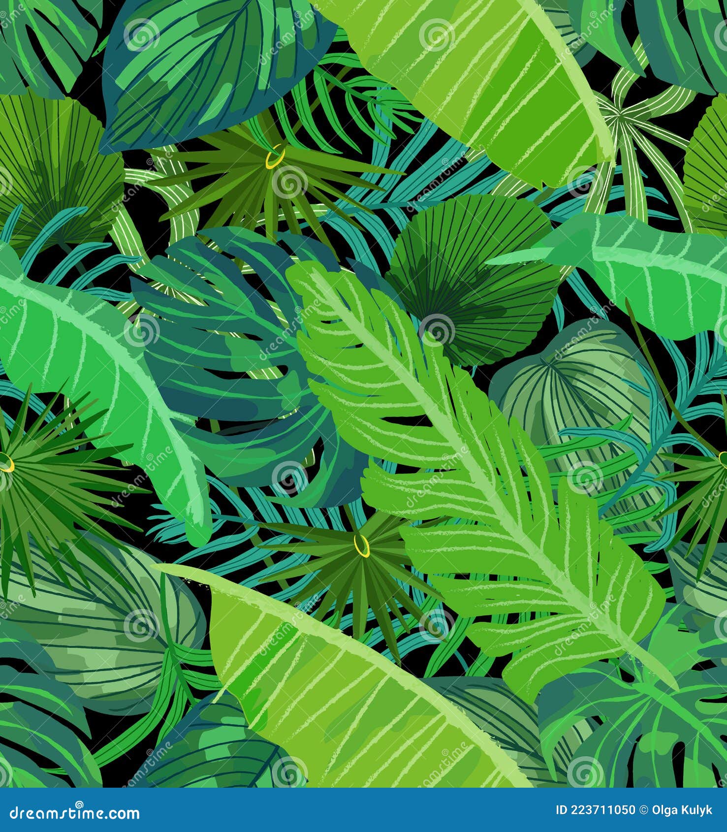 Tropical Vector Seamless Leaves Pattern Strong Greens Leaves Of Exotic