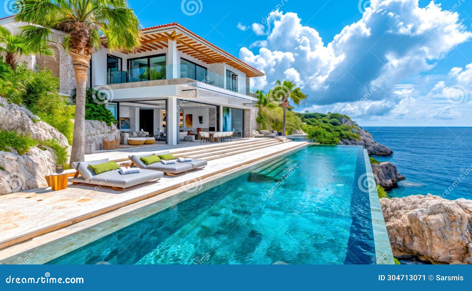 Tropical Villa with Infinity Pool and Ocean View Stock Image - Image of ...