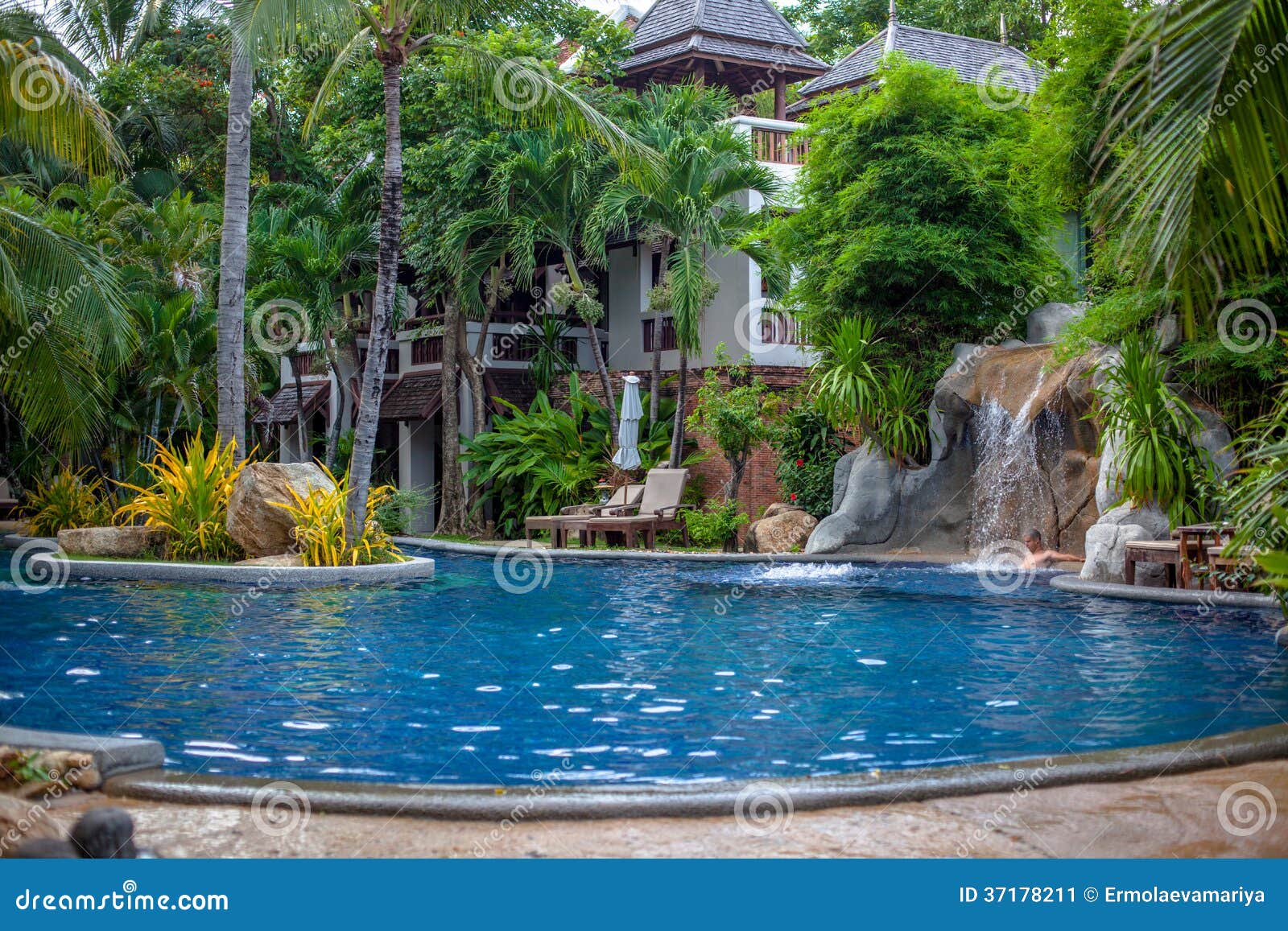 Tropical Waterfall Landscape in Spa Resort Stock Image - Image of ...