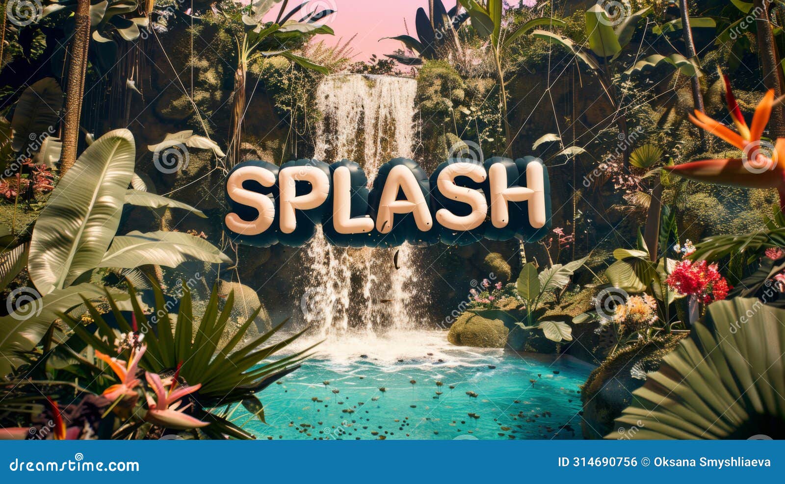 Tropical Waterfall Oasis with Splash Sign Stock Photo - Image of ...