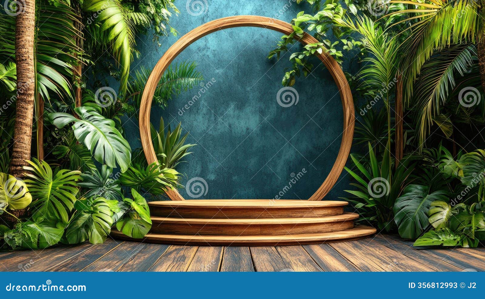 Tropical Wooden Stage with Circular Arch Surrounded by Lush Greenery ...