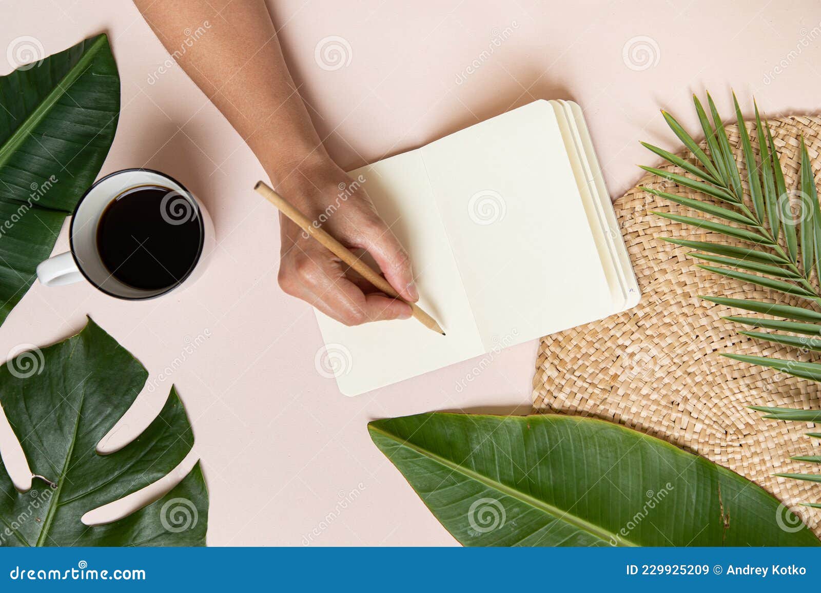 Tropical Workspace Concept. Notepad and Tropical Palm Leaves. Mockup ...
