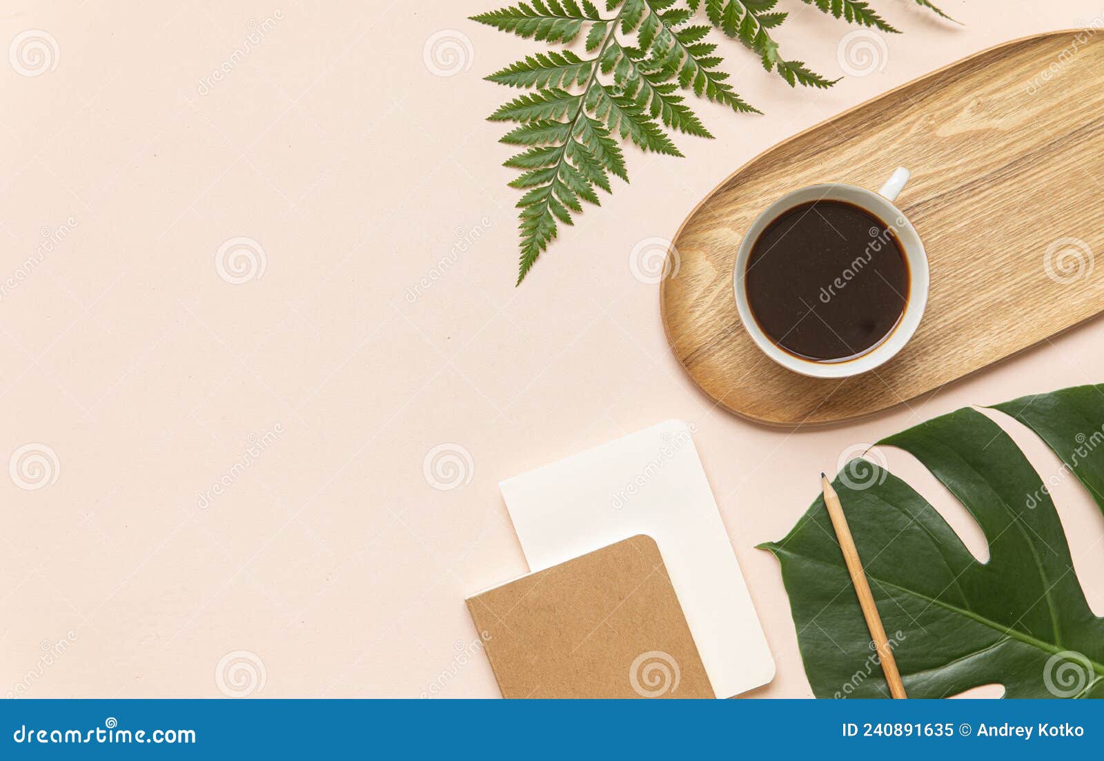 Tropical Workspace Concept. Notepad and Tropical Palm Leaves. Mockup ...
