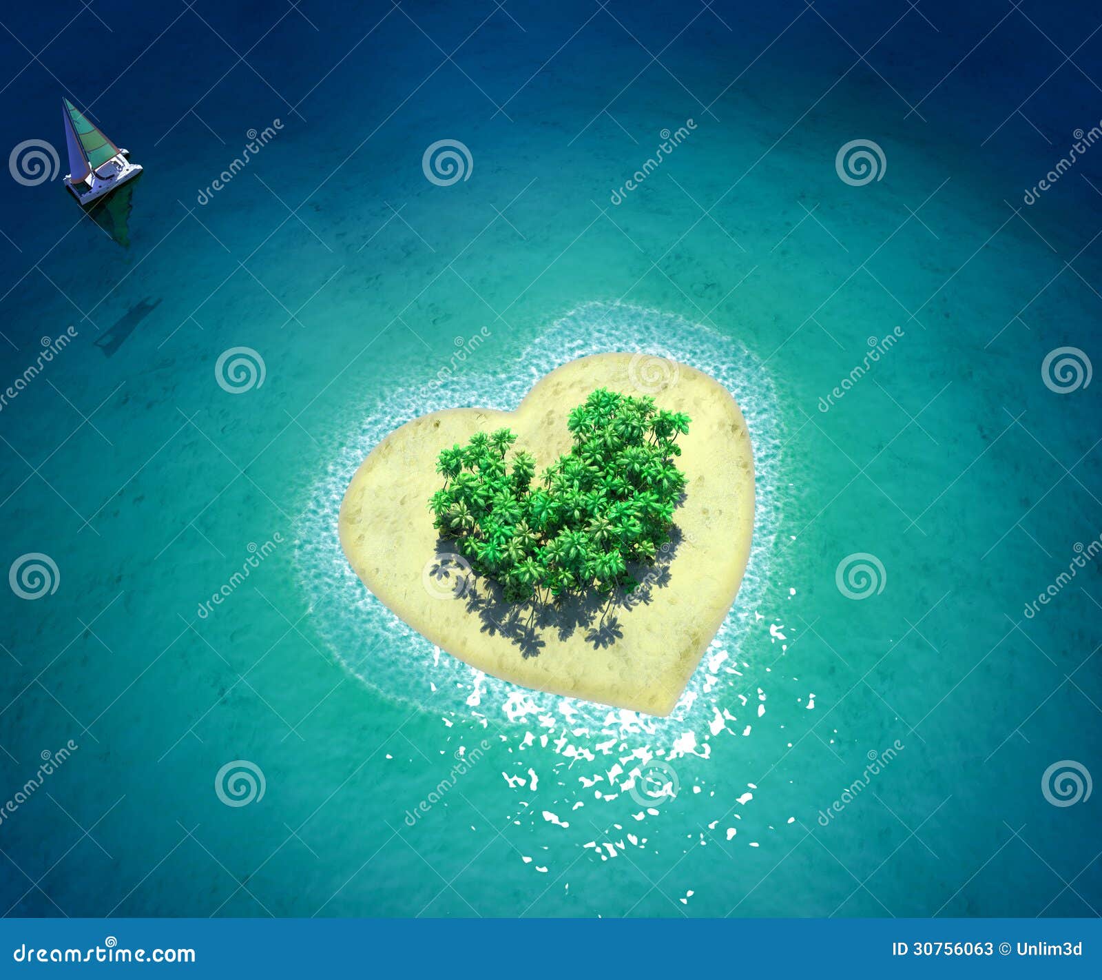 Tropisch Eiland in Vorm Van Hart Stock Afbeelding - Image of boot ...