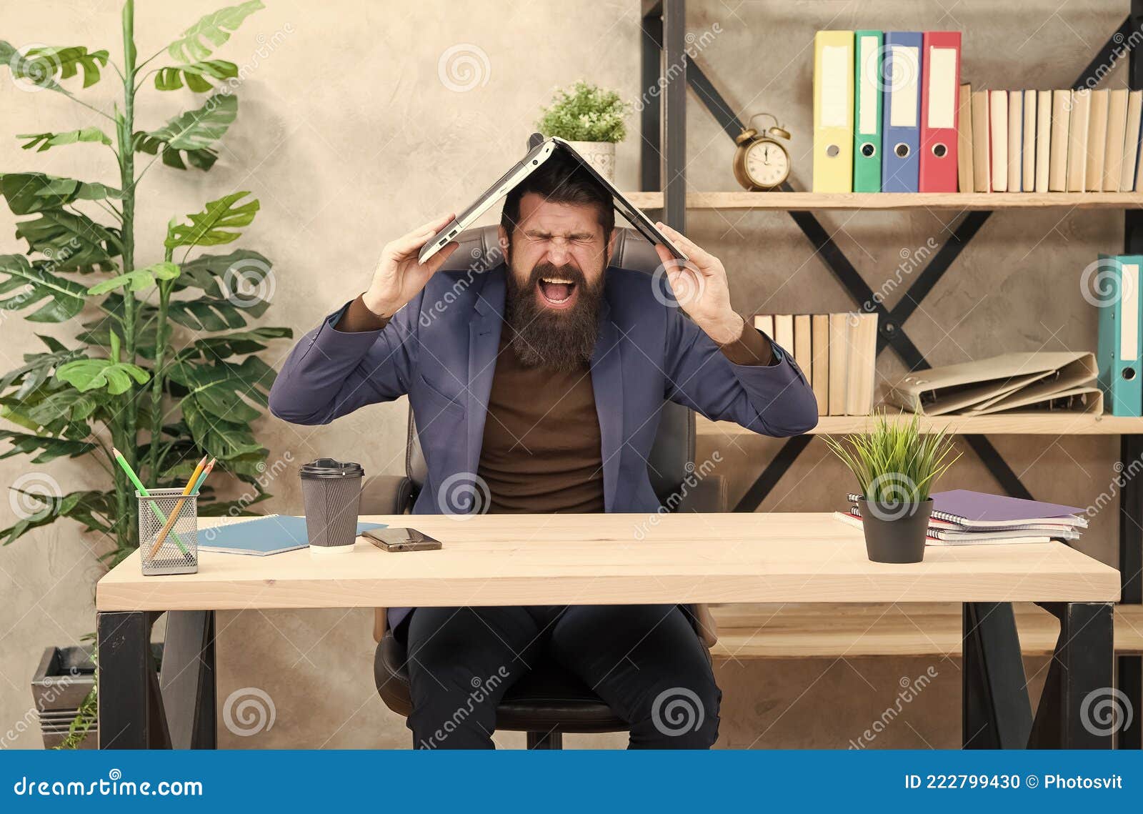 Troubled Engineer Scream in Anger Holding Laptop Computer on Head in ...