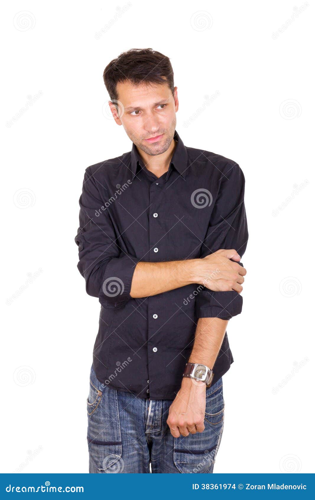 Troubled Sad Man Standing Lonely with Hand on Elbow Stock Photo - Image ...
