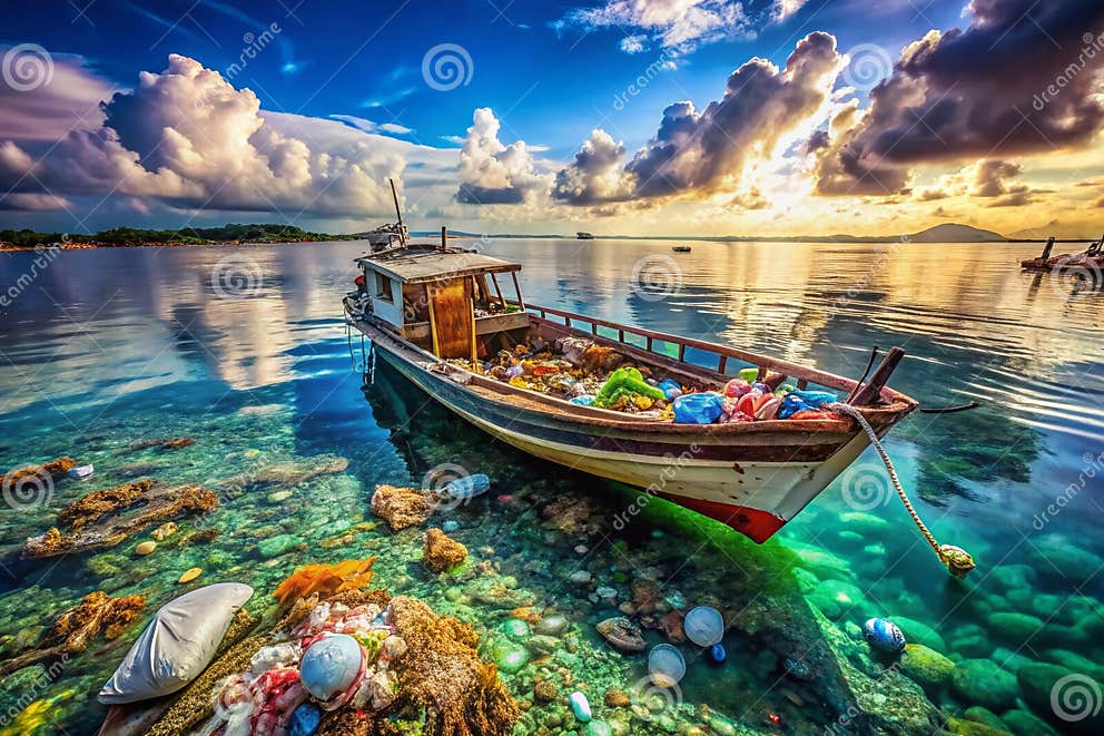 A Troubled Seascape: Plastic Pollution and Human Impact on Coastal Ecosystems Stock Illustration ...