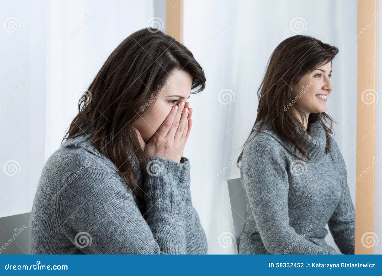 Troubled Woman Trying To Smile Stock Photo - Image of emotions, mask ...