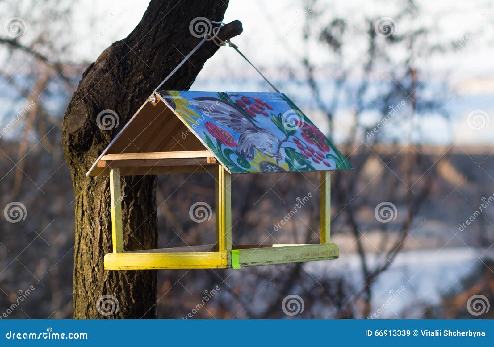 Trough for birds on a tree stock image. Image of snow - 66913339