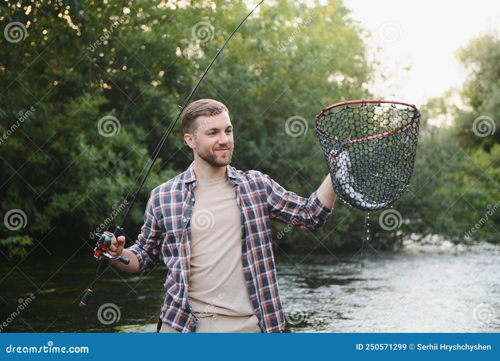 Trout Being Caught in Fishing Net. Stock Image - Image of lake, male ...