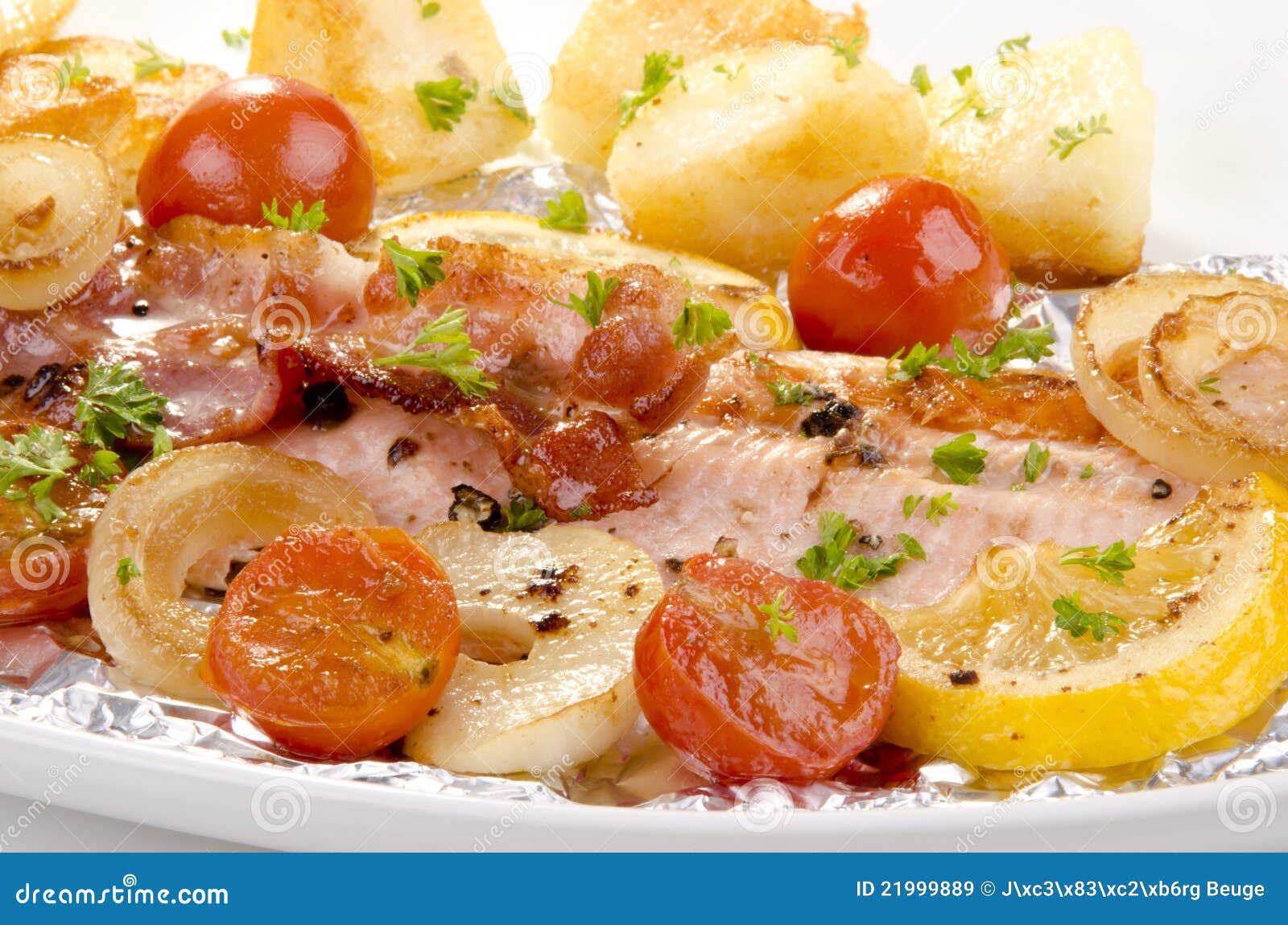 Trout fillet on a plate stock image. Image of bacon, dish - 21999889