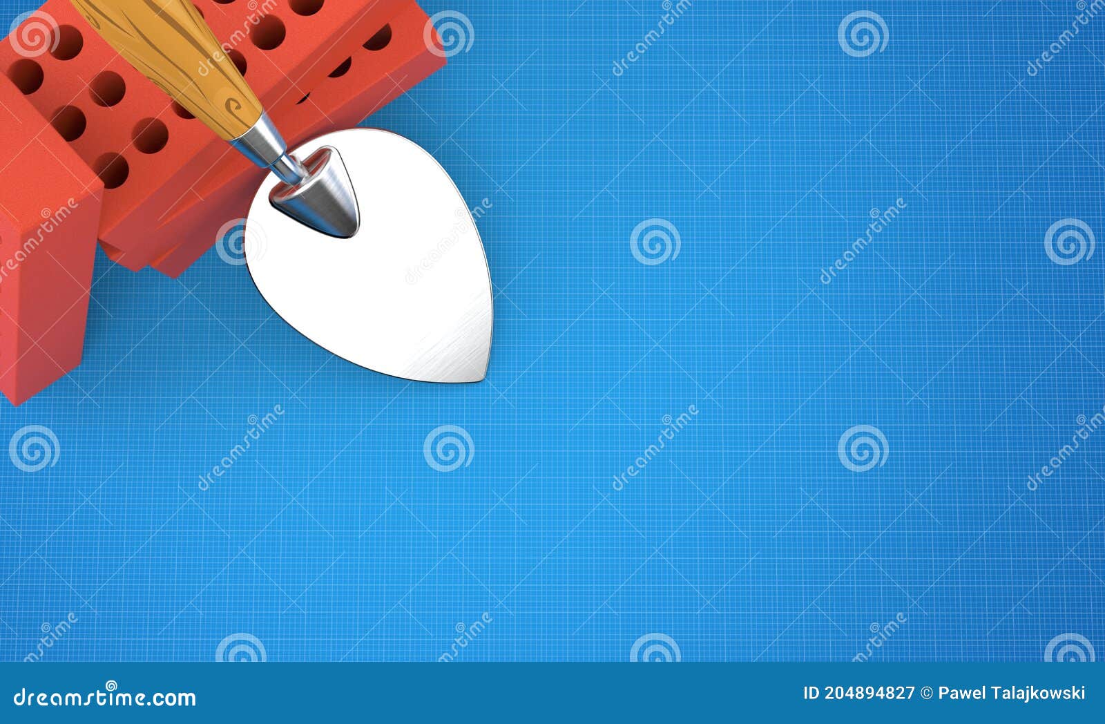 Trowel and Bricks on Blueprint Background Stock Illustration ...