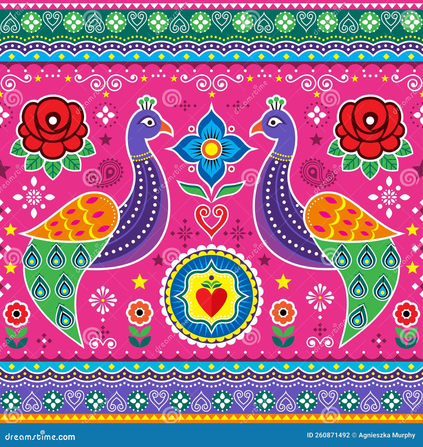 Pakistani and Indian Truck Art Seamless Vector Design with Peacocks ...