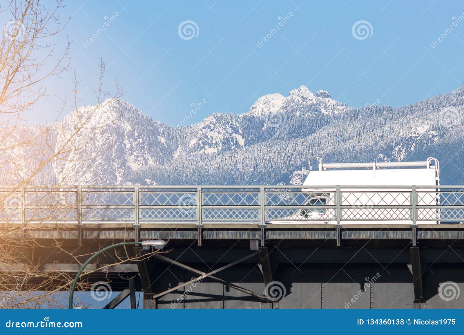 Truck in the Bridge Road Winter for Text Stock Photo - Image of ...