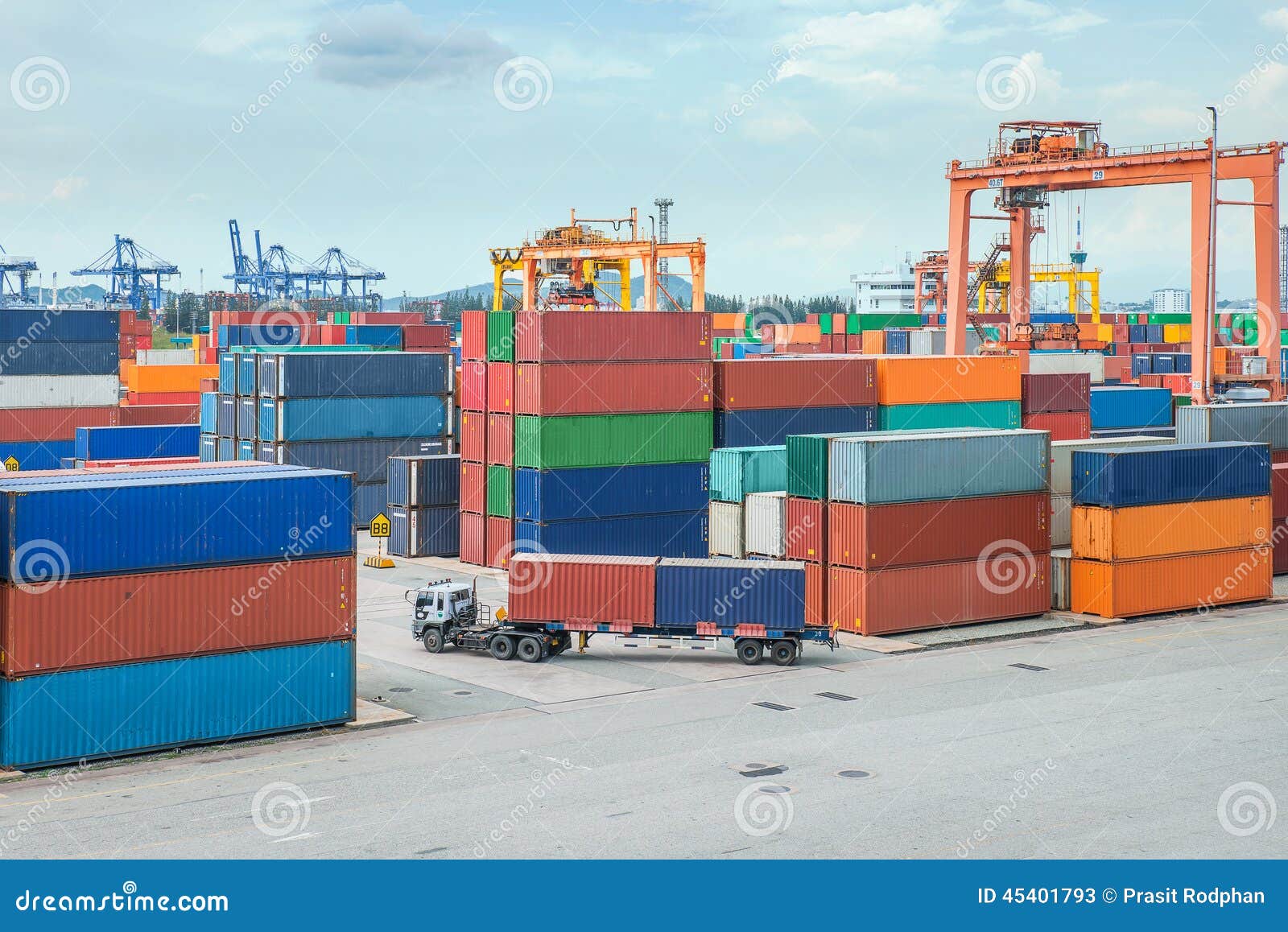 Truck Carries Container To a Warehouse in Dock Stock Image - Image of ...