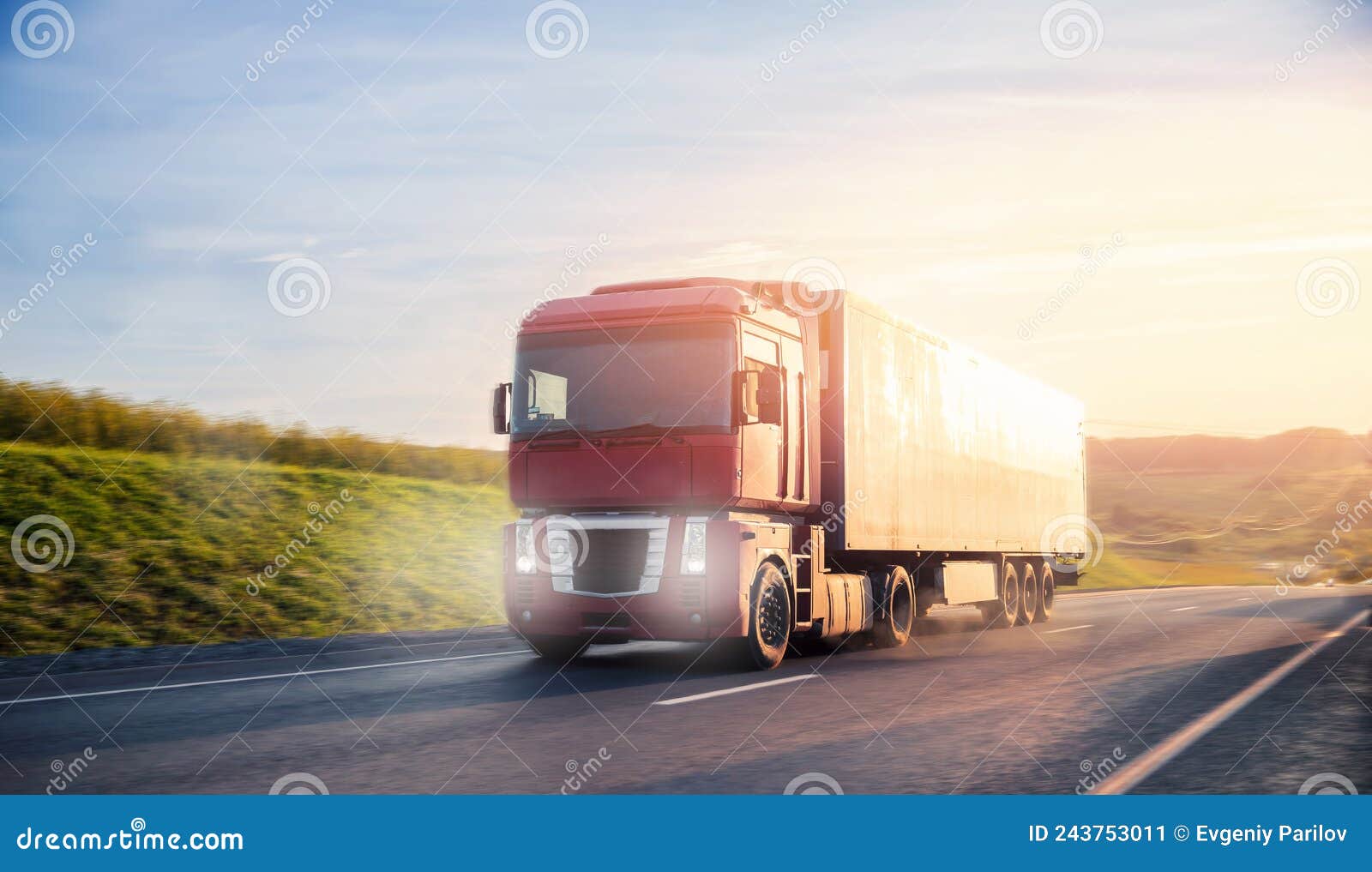 Truck With Container On Highway With Sun Light. Concept Cargo ...