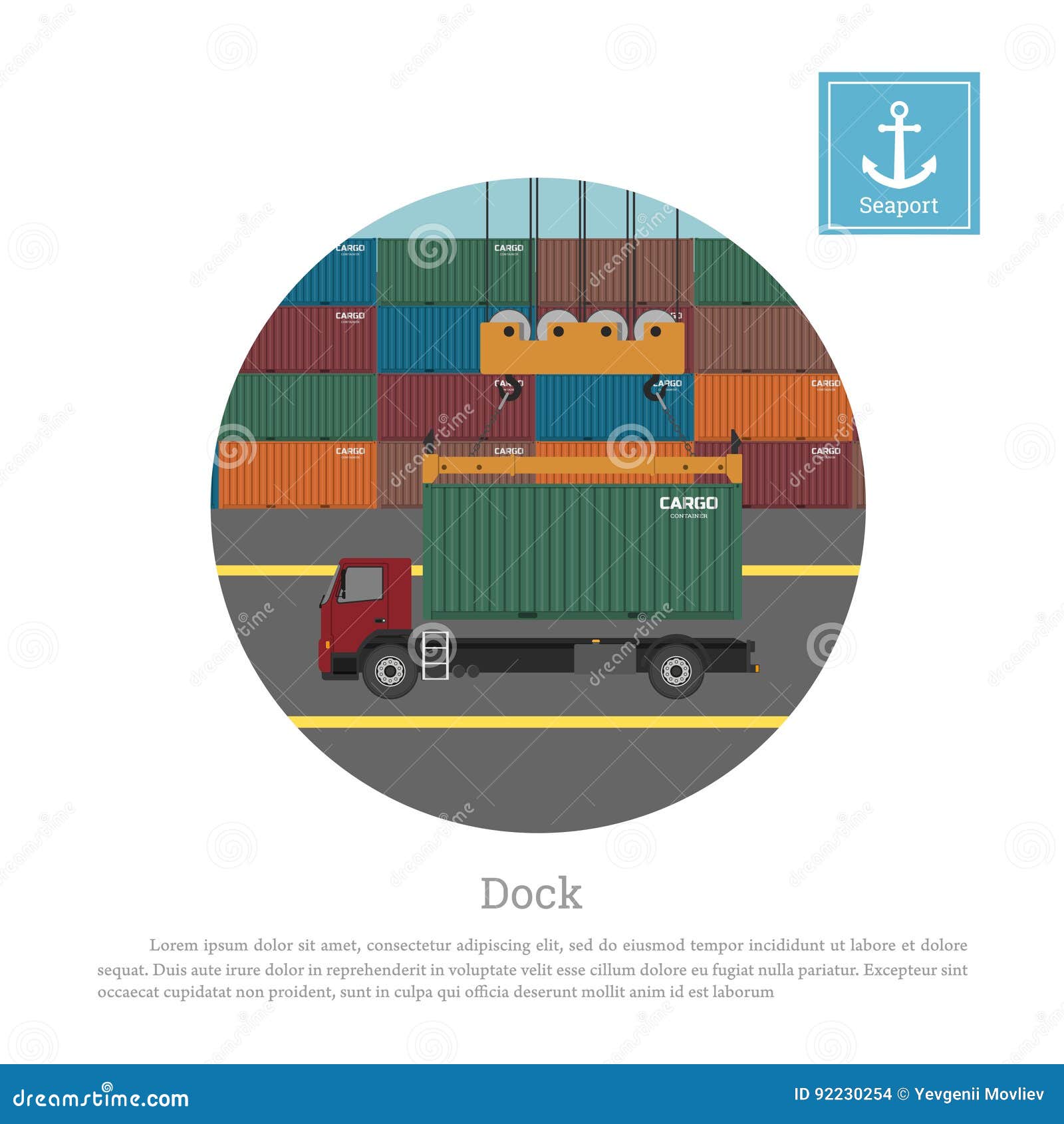Truck with a Container. Unloading Crane in the Port Stock Vector ...